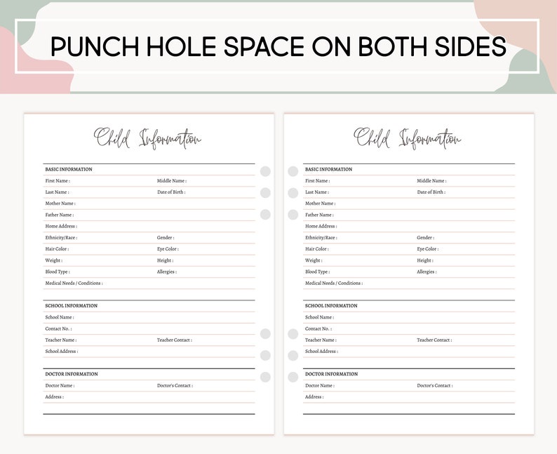 Printable Child's Information Sheet Editable Important Information ...