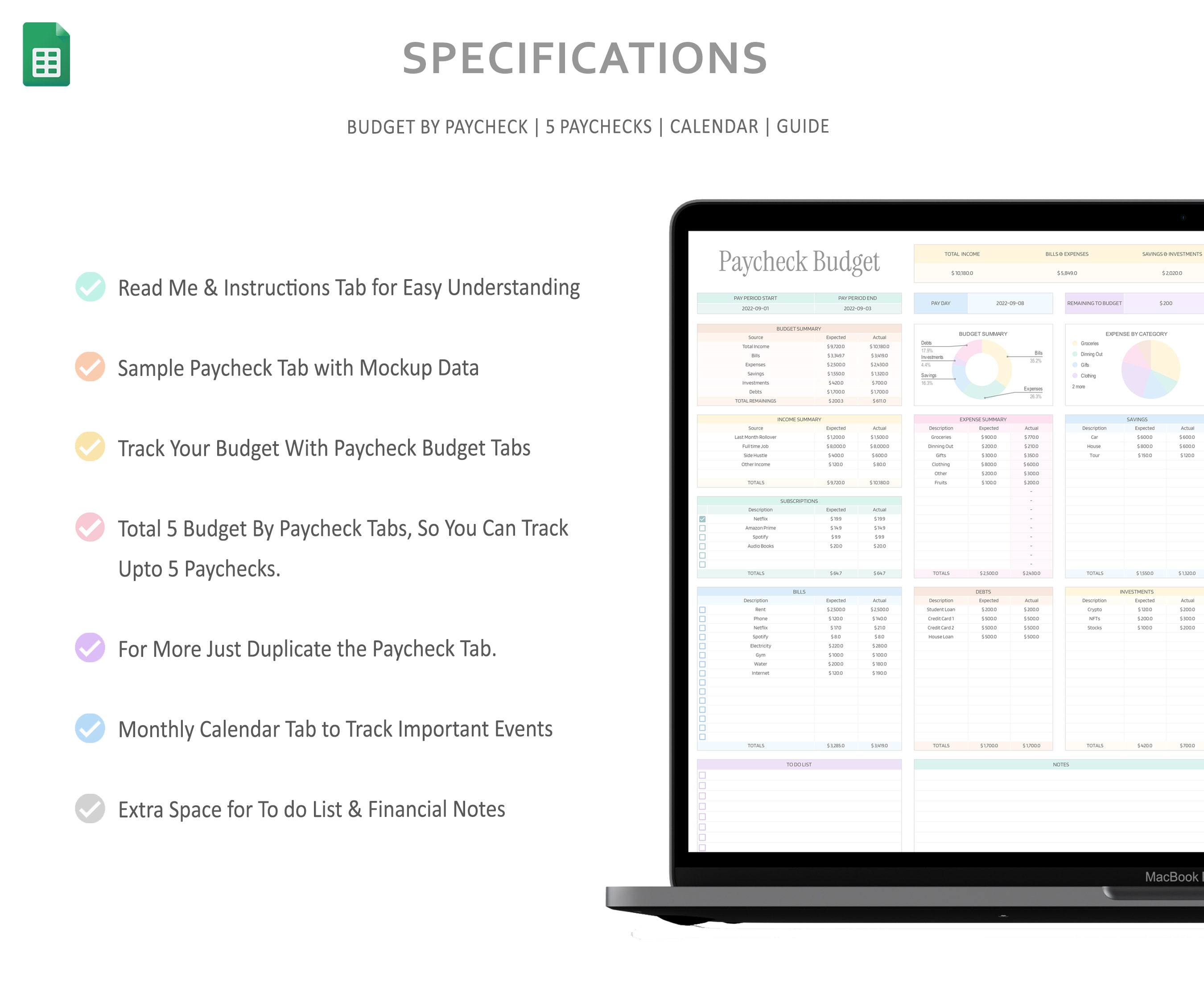 Paycheck Budget Spreadsheet Template for Google Sheets Budget by ...