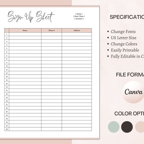 Printable Sign up Sheet Sign up Form Event Sign in Template - Etsy