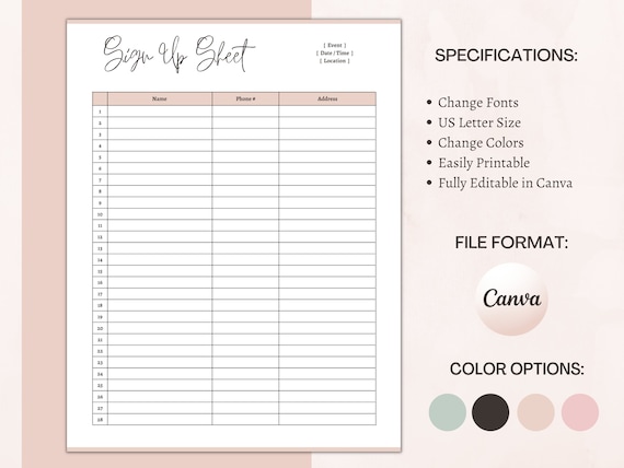 Editable Sign up Sheet Printable Single Sign up Form Event - Etsy Canada