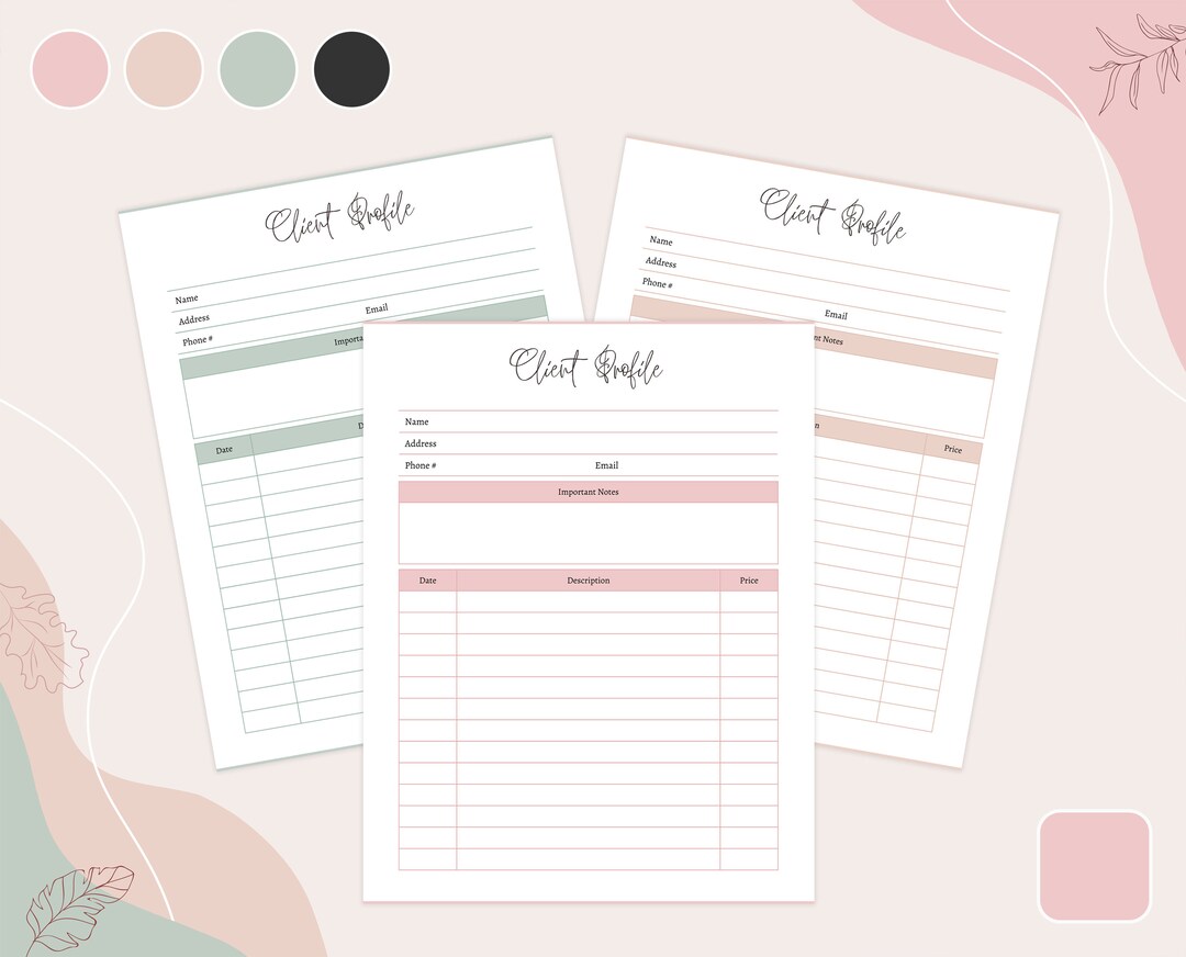 Client Profile Template, Customer Information Card, Printable Client ...