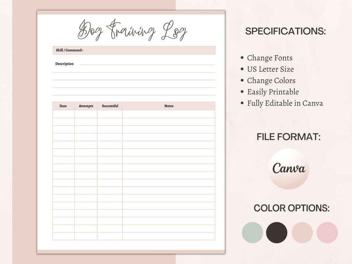 Printable Dog Training Log Dog Skill Training Dog Command - Etsy