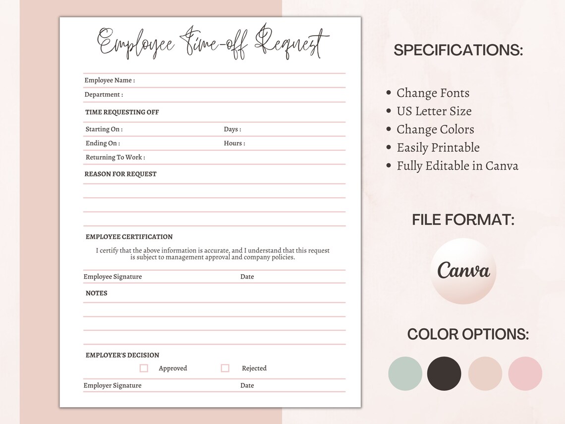 Employee Time off Request Template Editable Vacation Request - Etsy