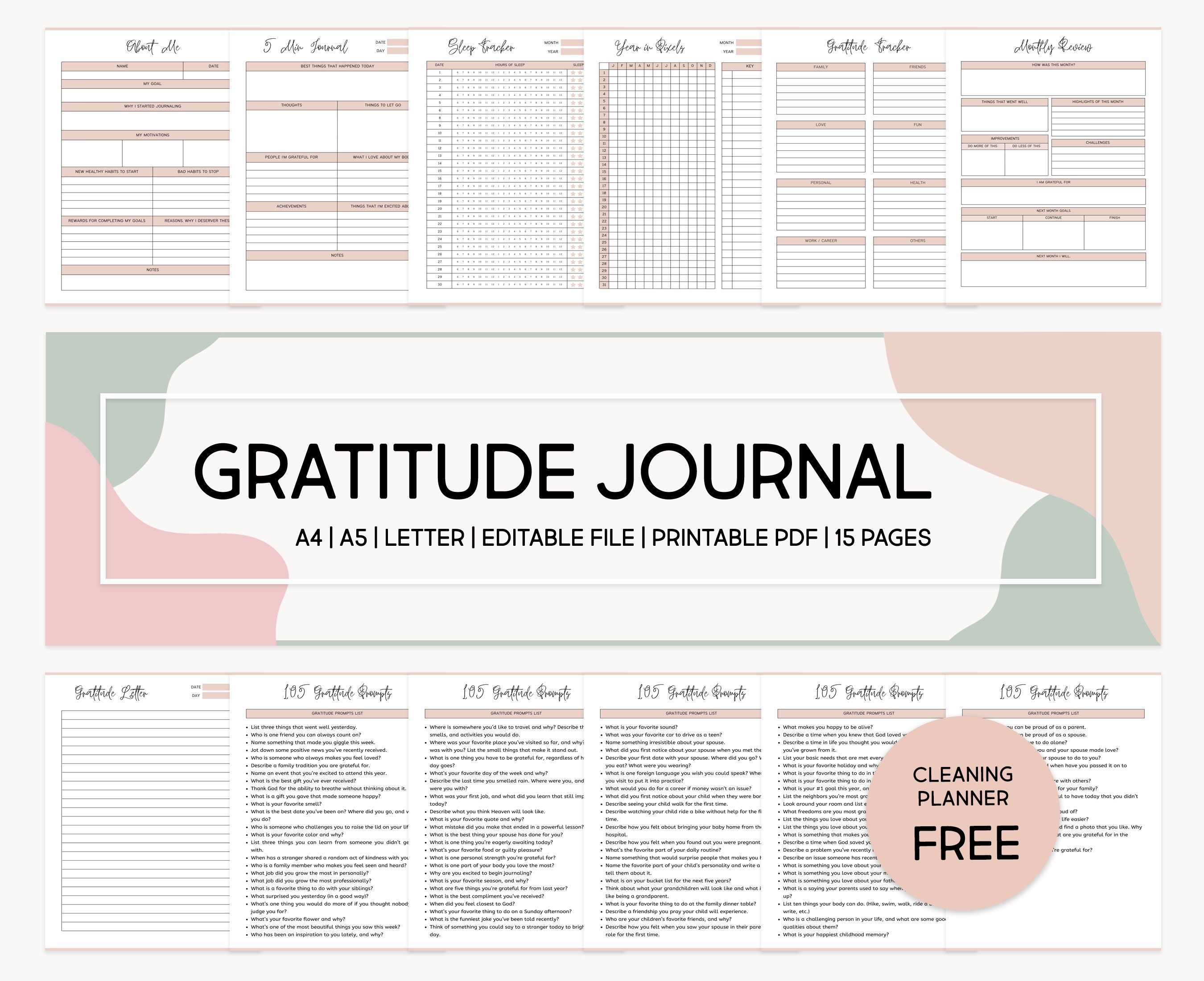 Gratitude Journal Printable Bundle, Mindfulness Log, Wellness Templates ...