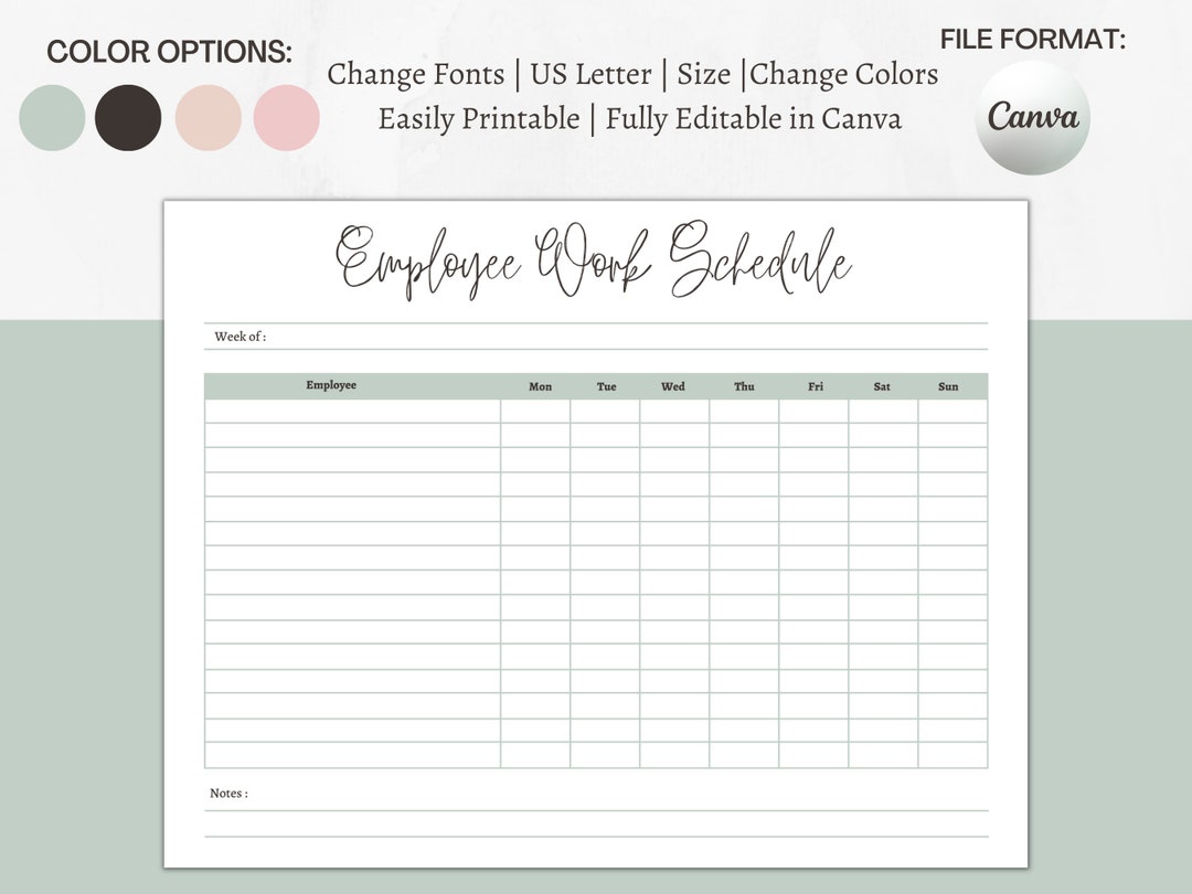 Employee Work Schedule and Organizer, Weekly Staff Shifts, Fully ...