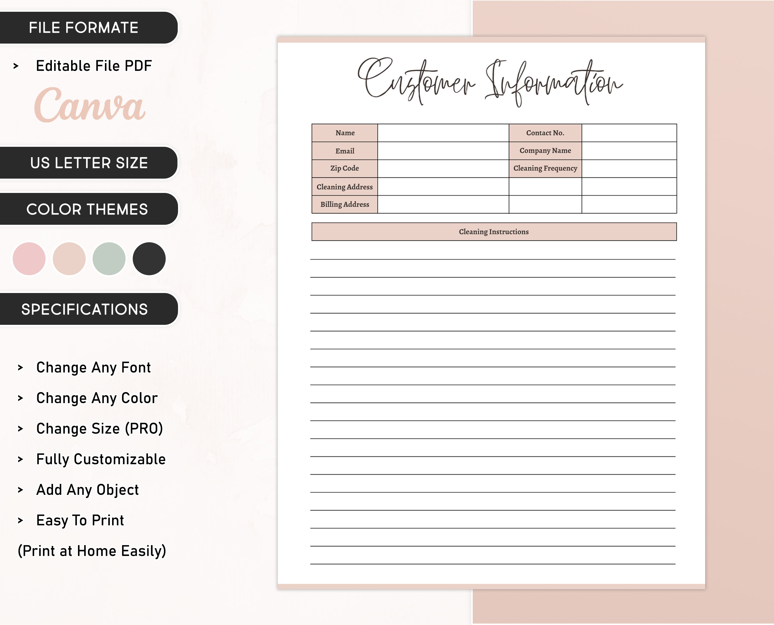 Customer Information Printable Template, Cleaning Service Business ...