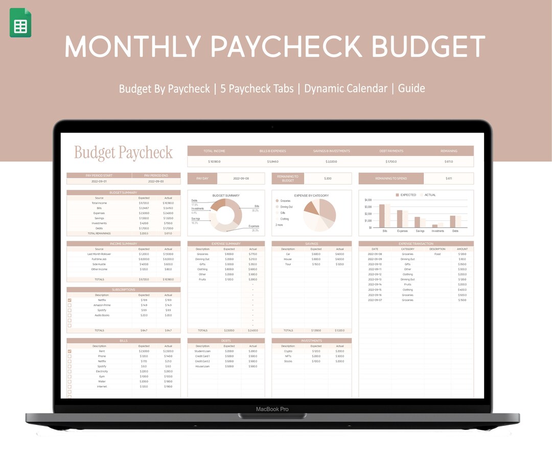 Paycheck Budget Spreadsheet Boho Brown Paycheck Google Sheets Budget ...