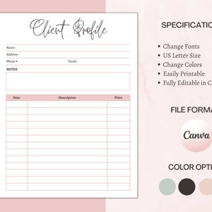 Client Profile Template Customer Information Card Printable - Etsy