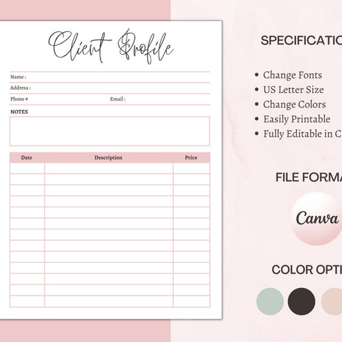 Client Profile Template Customer Information Card Printable - Etsy