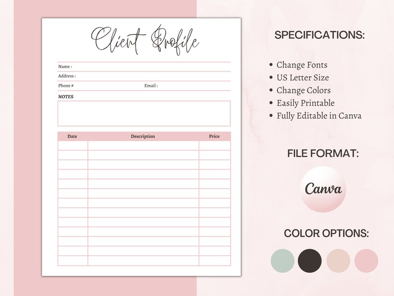 Client Profile Template Customer Information Card Printable - Etsy