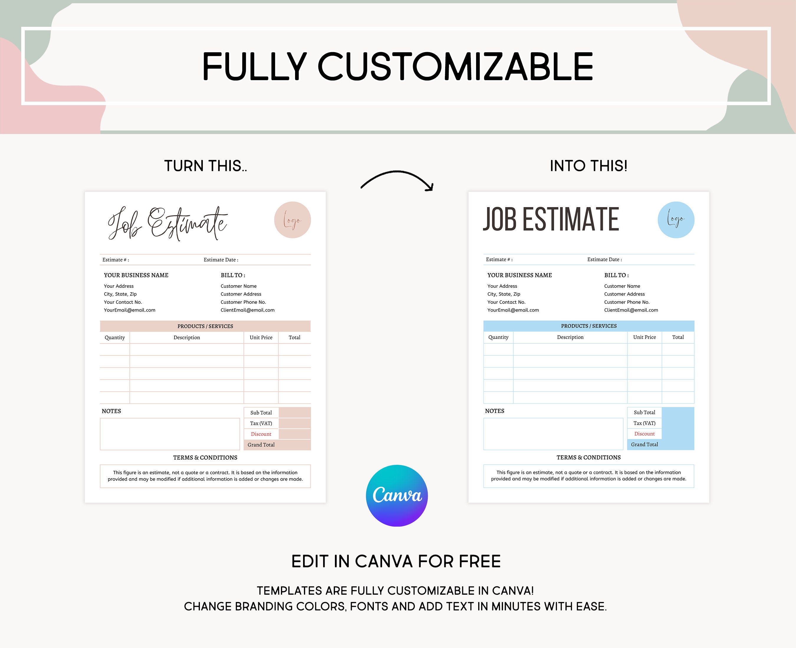 Printable Job Estimate Template Editable Small Business - Etsy