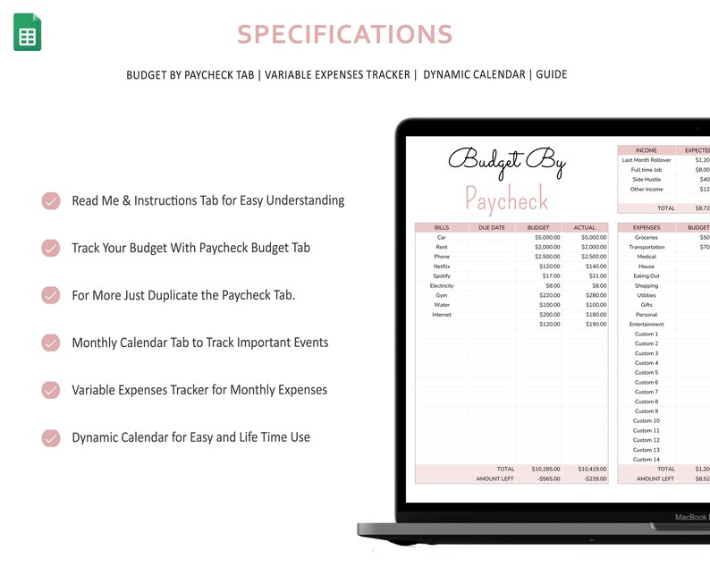 Monthly Budget Spreadsheet, Google Sheets Paycheck Budget Template ...