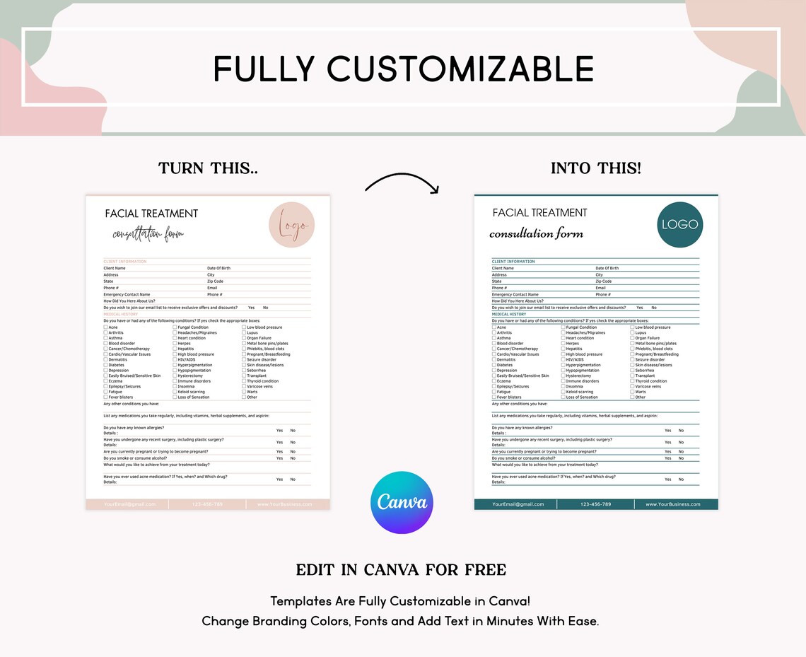 Facial Treatment Forms, Editable Facial Consent Form, Esthetician ...