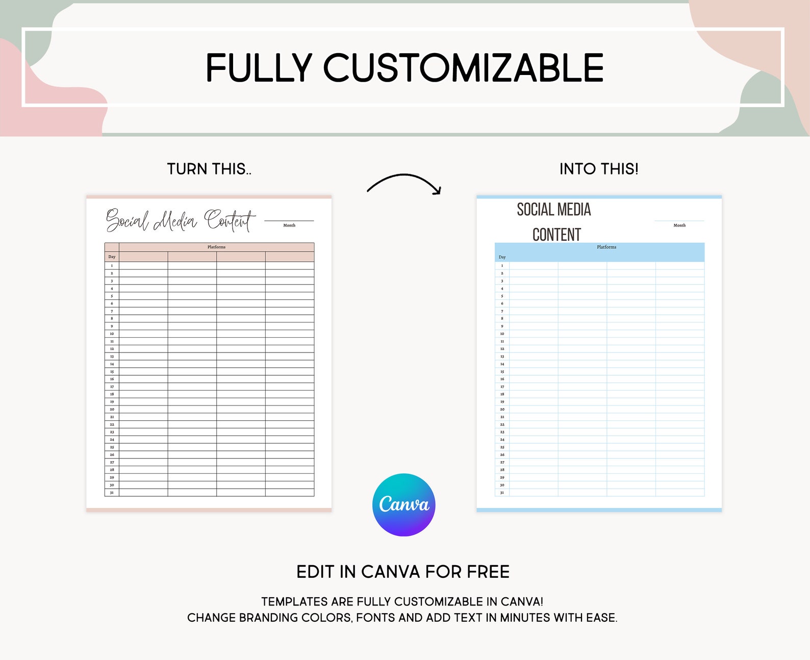 Printable Social Media Content Template, Social Media Marketing Planner ...