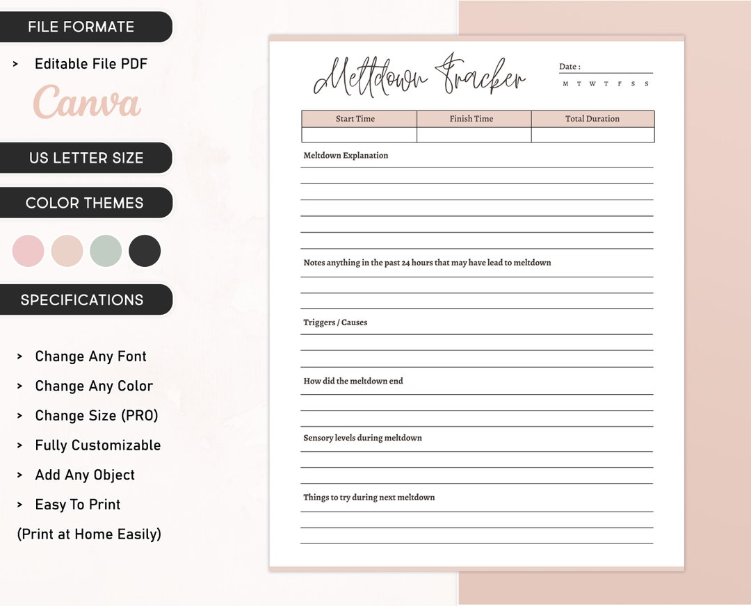 Printable Meltdown Tracker Editable Special Needs Carer Template ...