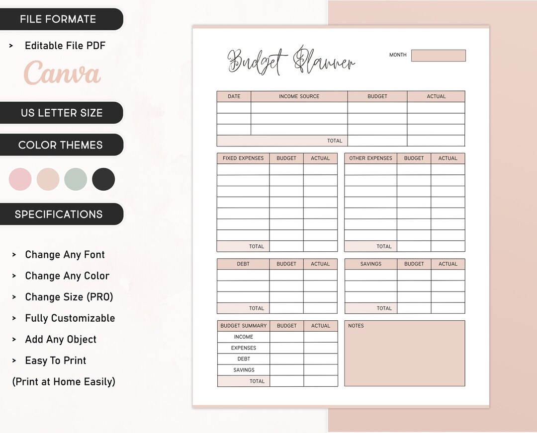 Finance Planner Template Canva Editable - Printable Budget Planner Log ...