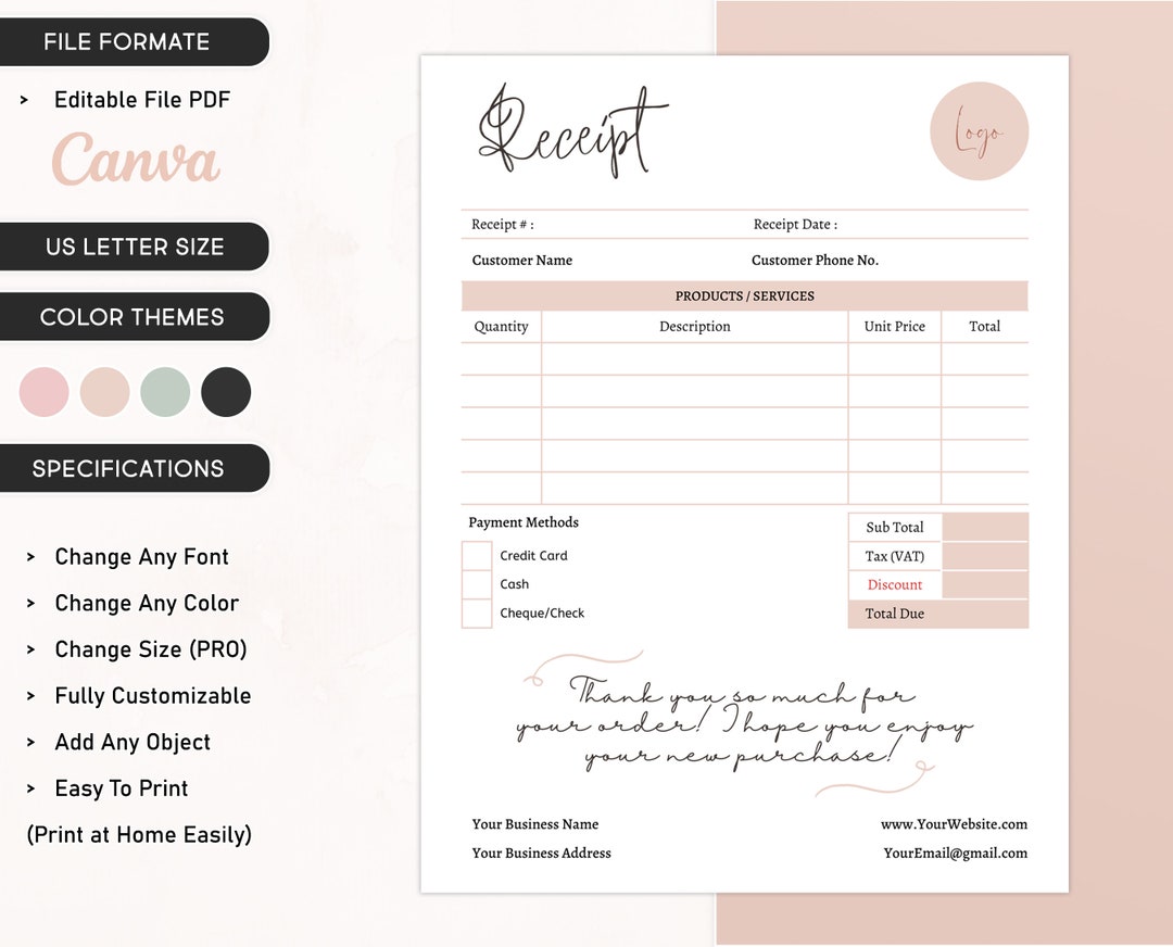 Editable Receipt Template – Canva Printable Billing Template – Order ...