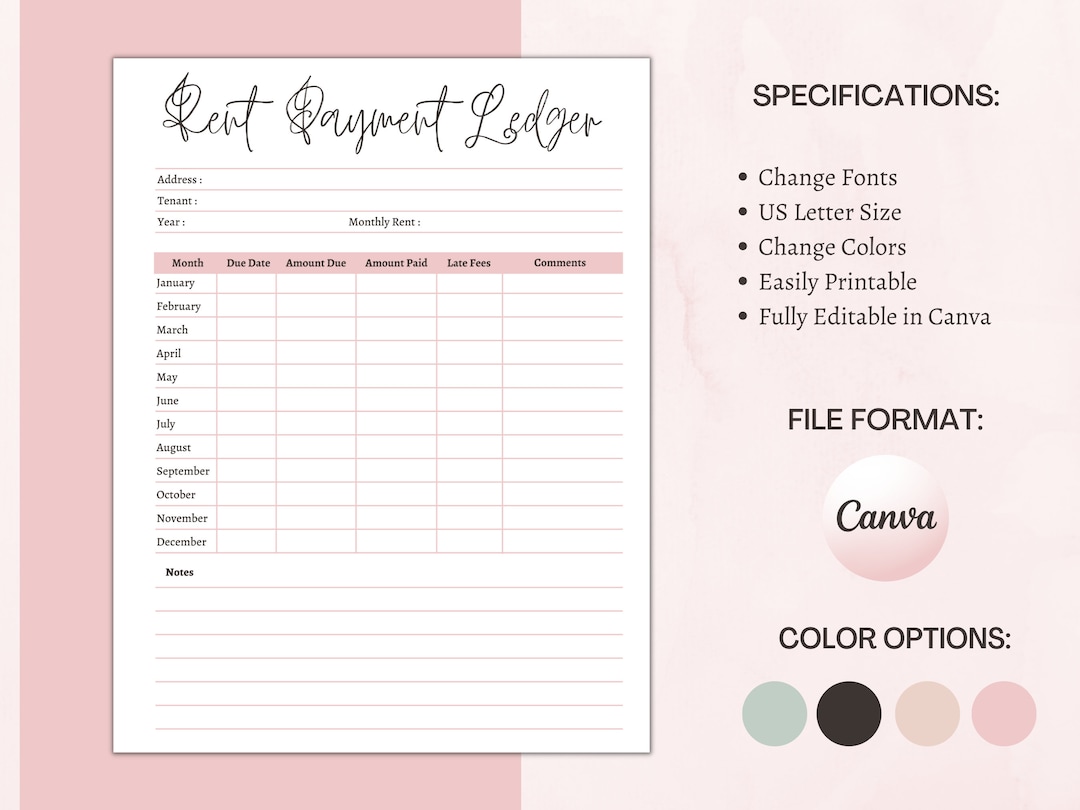 Rent Payment Ledger Log Form, Printable Rental Payment Tracker ...