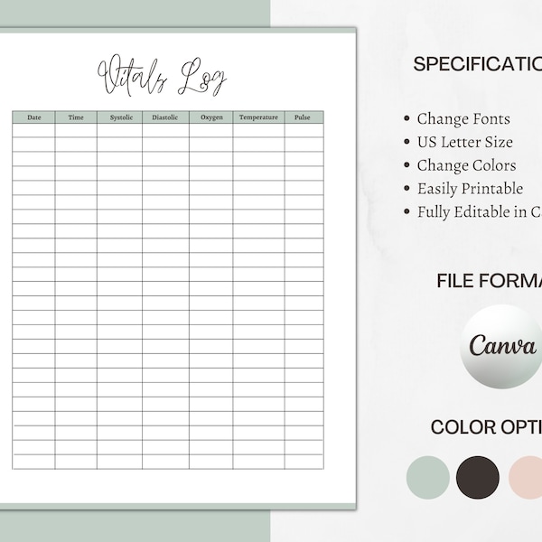 Printable and Editable Vital Signs Chart - Etsy