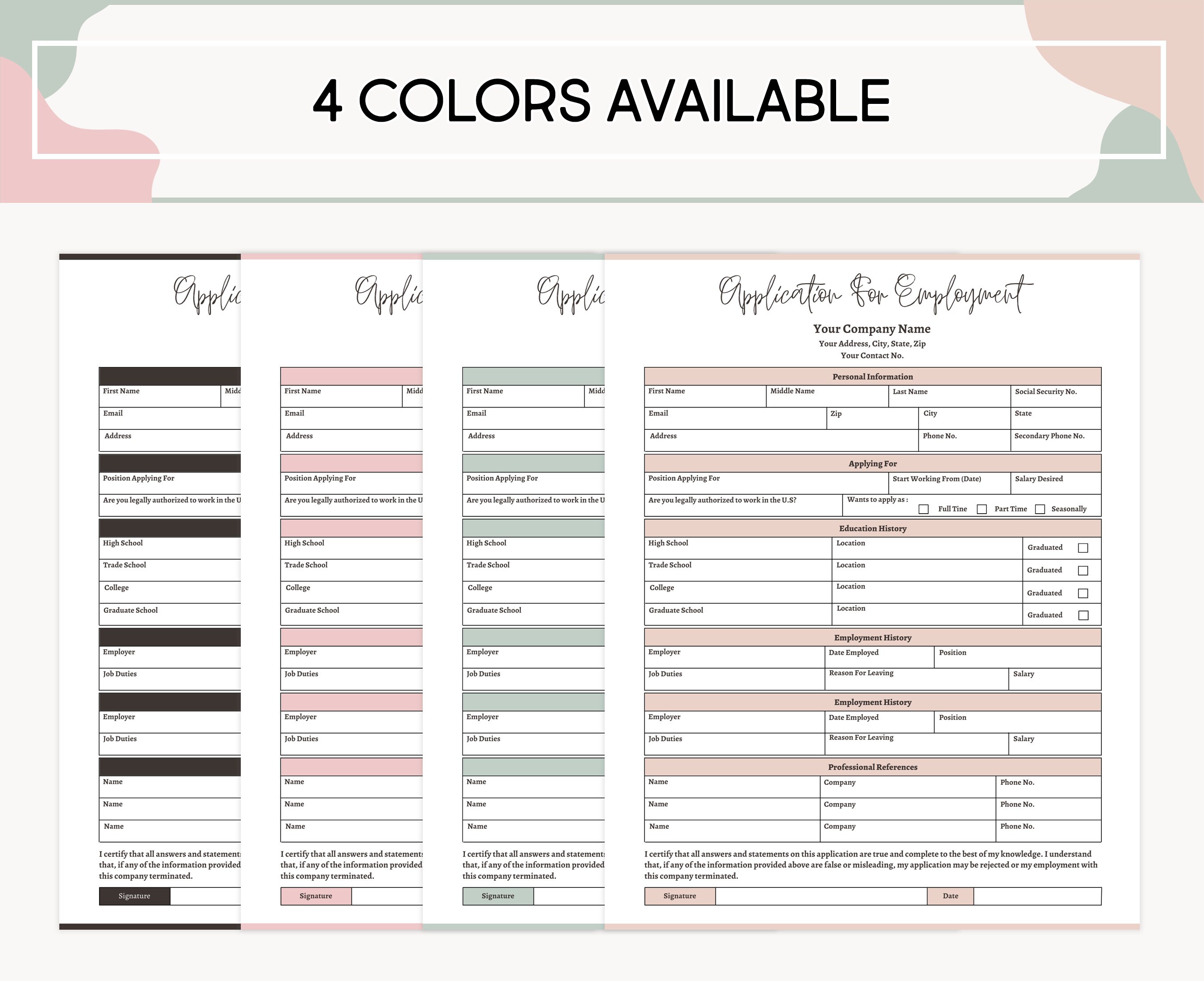 Job Application for Employment Template, Editable Employee Information ...