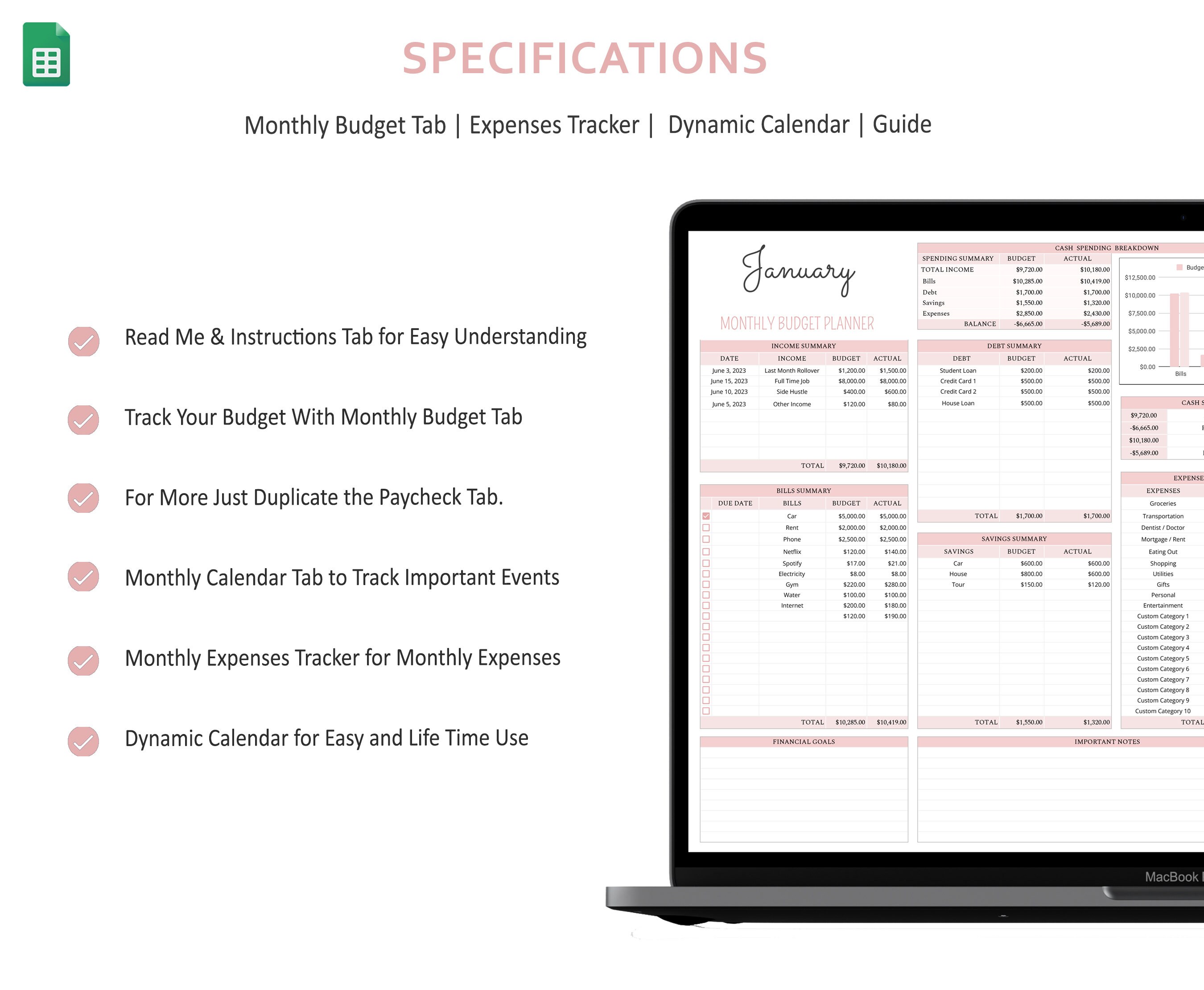 Monthly Budget Spreadsheet – Pink Google Sheets Budget Template ...