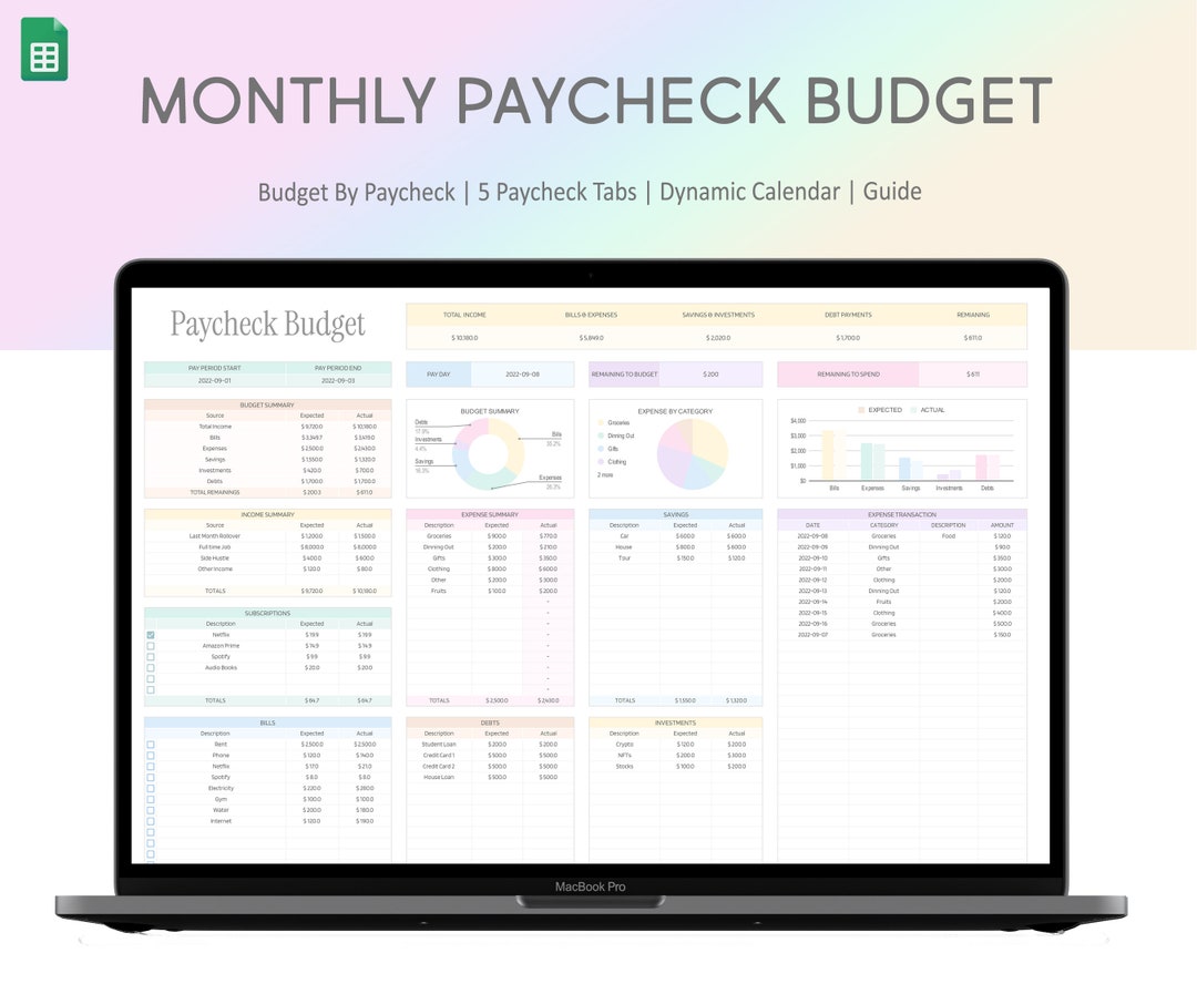 Paycheck Budget Spreadsheet Template for Google Sheets Budget by ...