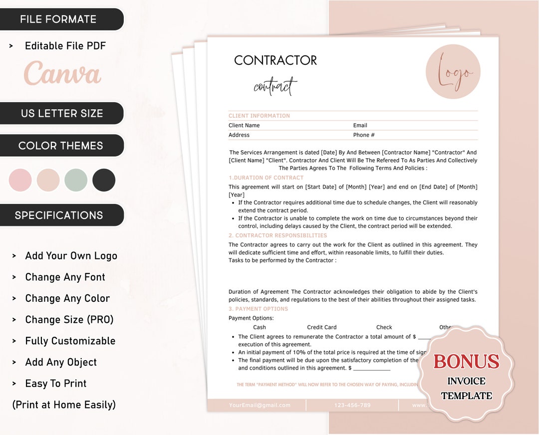 Editable Contractor Contract Template, Professional Independent ...