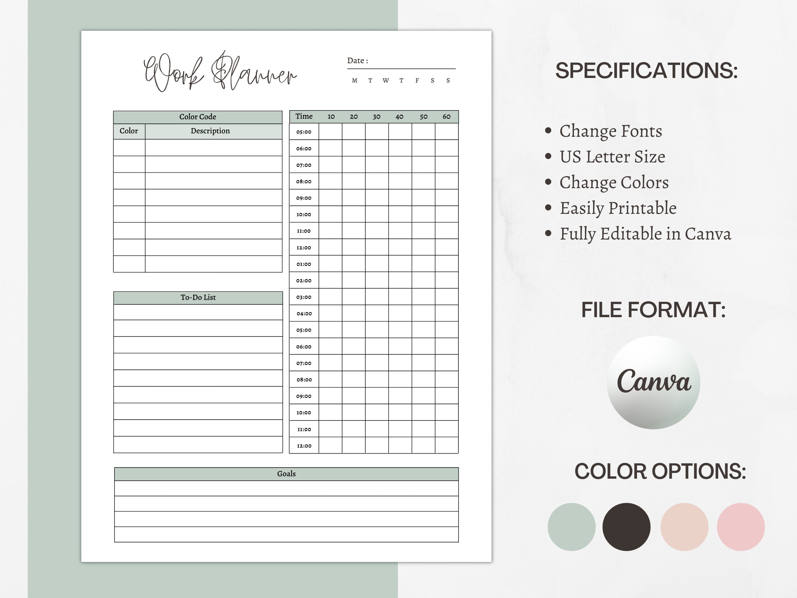 Work Planner, Printable Planner, Instant Download, Work Schedule ...