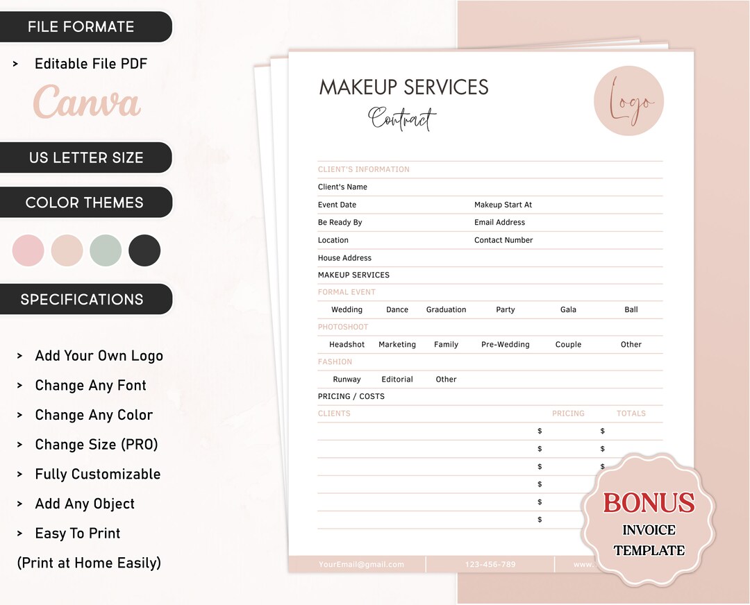 Editable Makeup Service Contract, Makeup Service Form Template, MUA ...