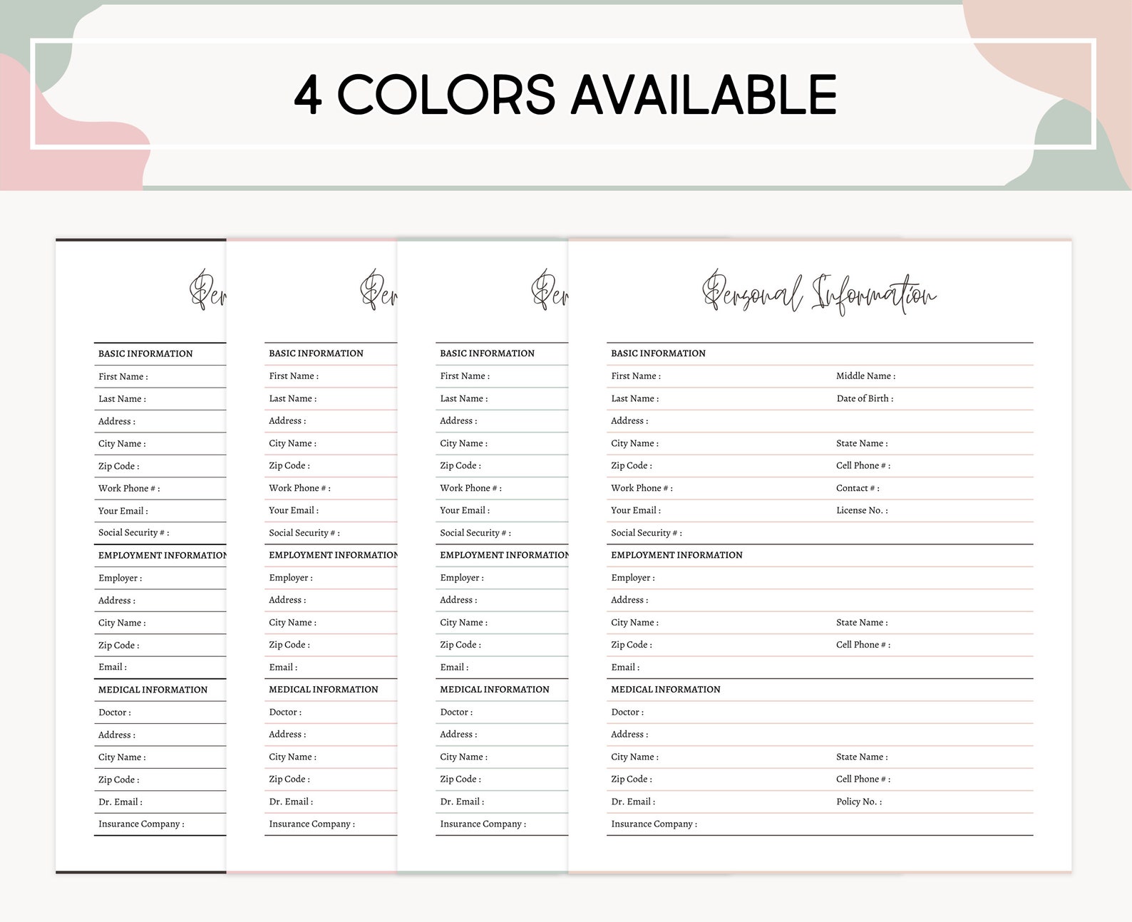 Personal Information Page, Printable Basic Information Template ...