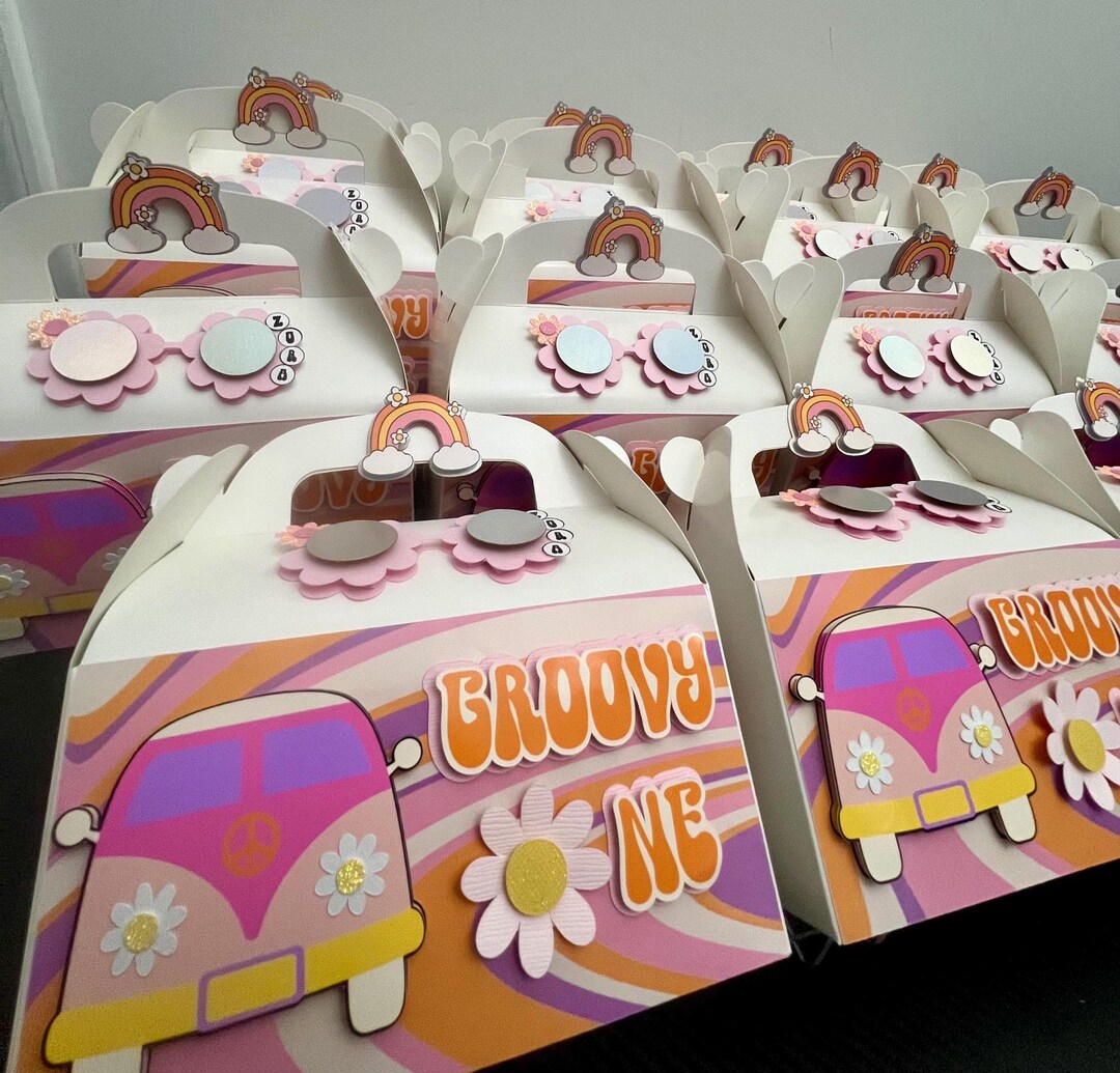 Groovy One Favor Boxes, Retro Favor Boxes, Kids Party Decor, Gable ...