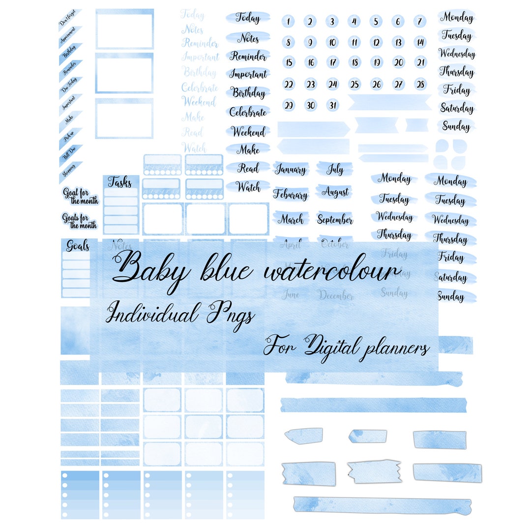 Blue Watercolour Digital Stickers, Png Stickers, Baby Blue Stickers ...