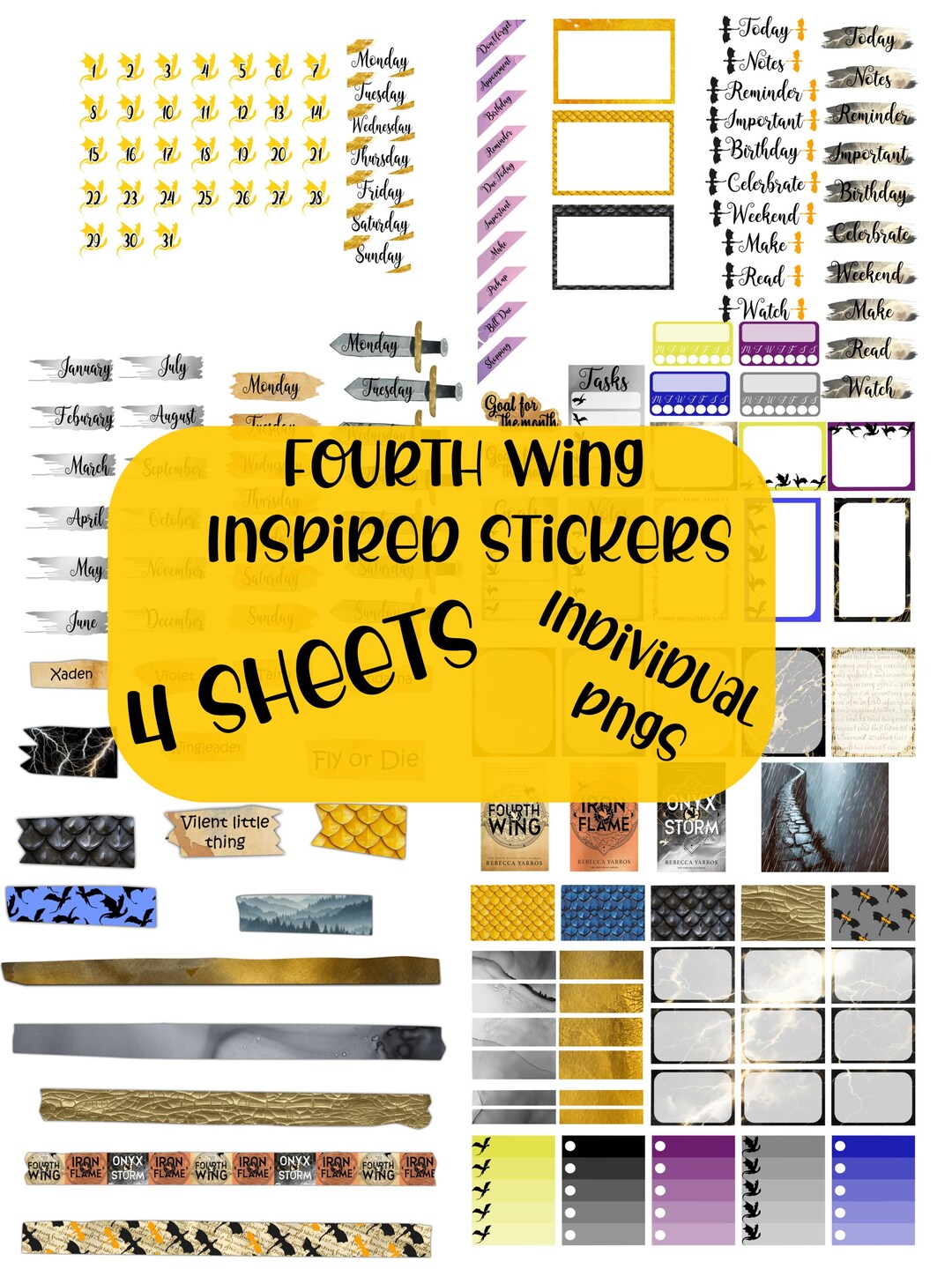 Fourth Wing Inspired Digital Stickers, Digital Planner Stickers, PNG ...