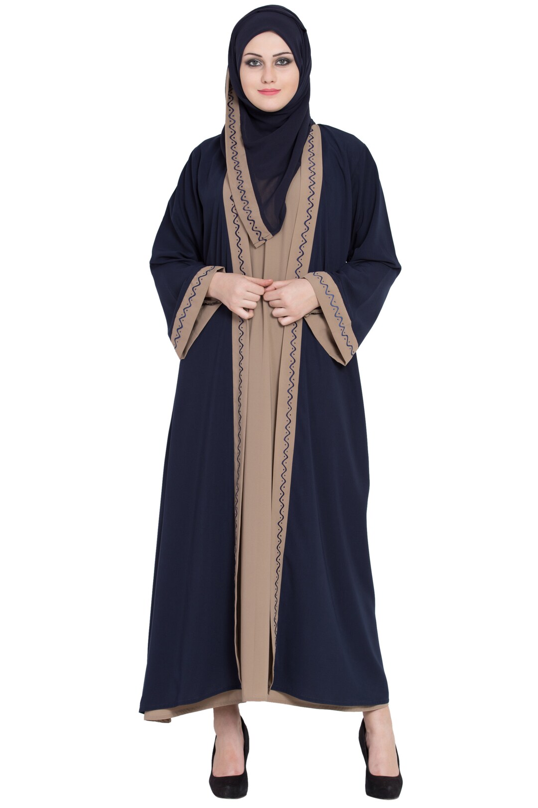 Elegant Dubai Abaya Blue& Beige Designer Arabian Burkha Kaftan Jilbab Shrug Maxi Long Fancy ...