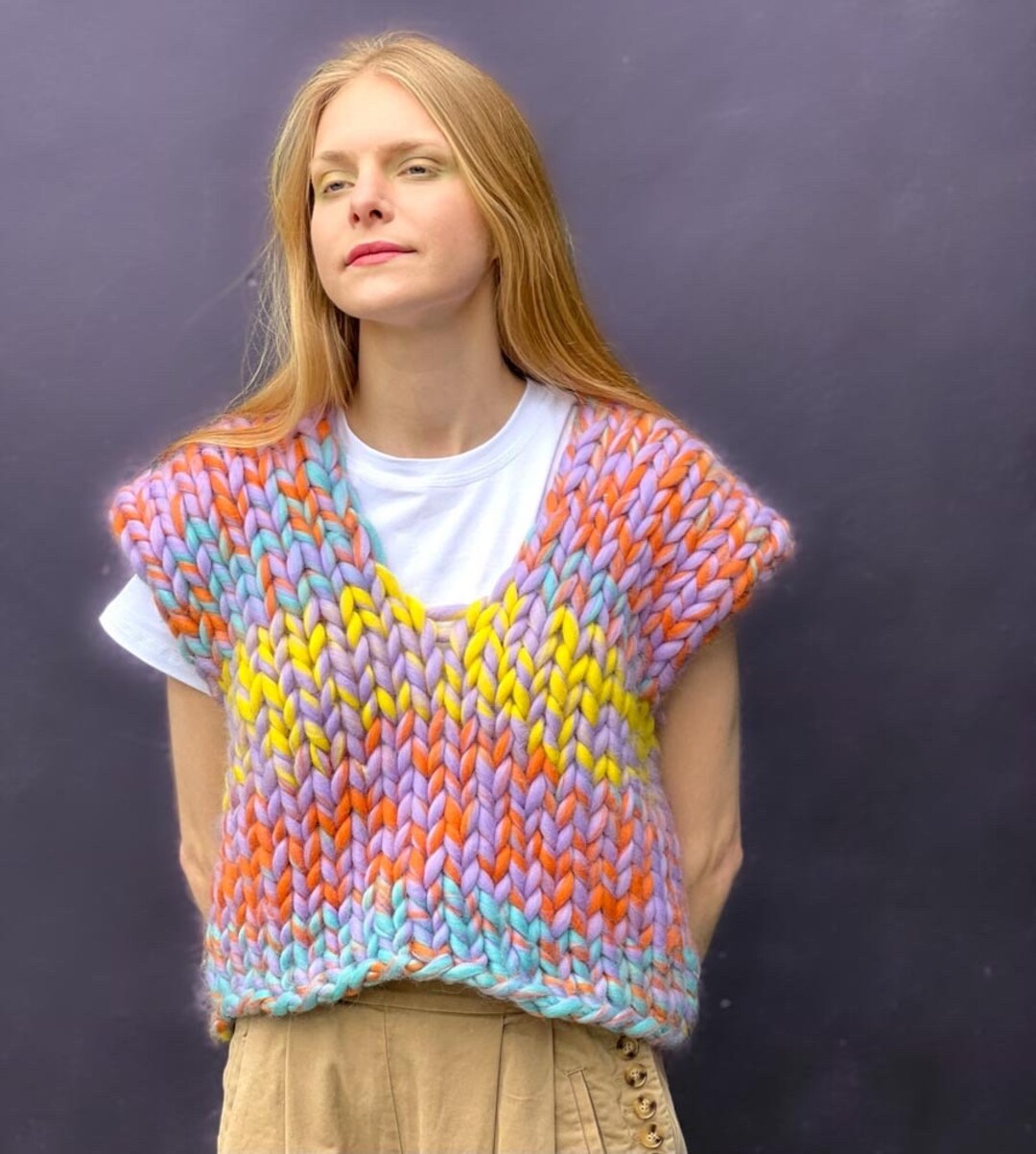 Chunky Knit Sweater Vest Multicolored Giant Yarn Pullover Mega Chunky ...