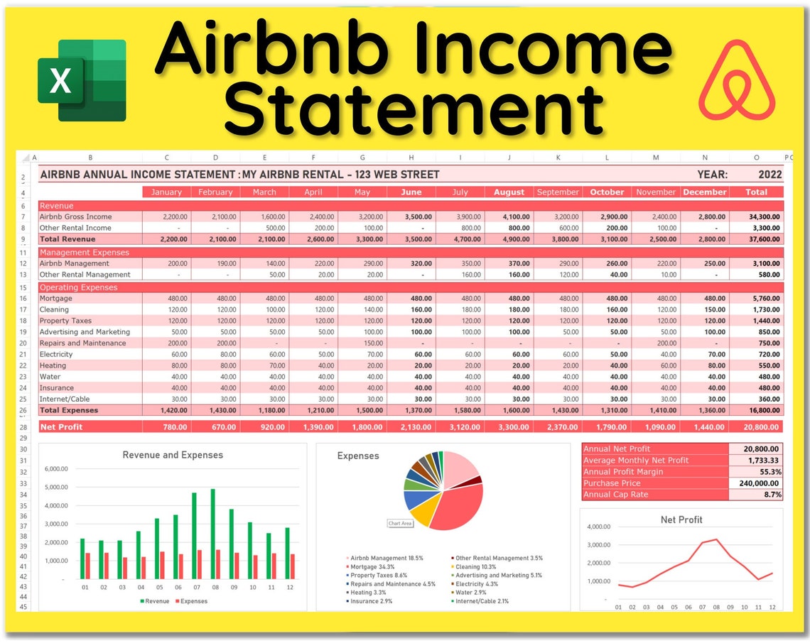 Airbnb Rental Income & Expense Tracker / Income Statement Excel ...