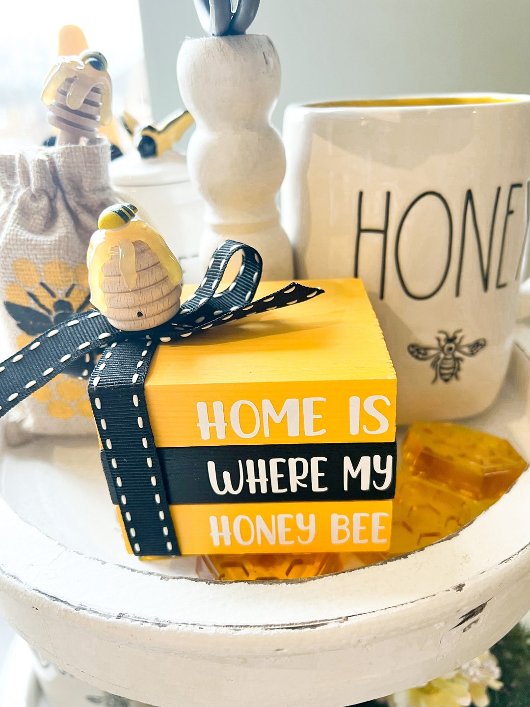 Honey Bee Themed Mini Books, Bee Tiered Tray, Wood Book Stack, Honey ...