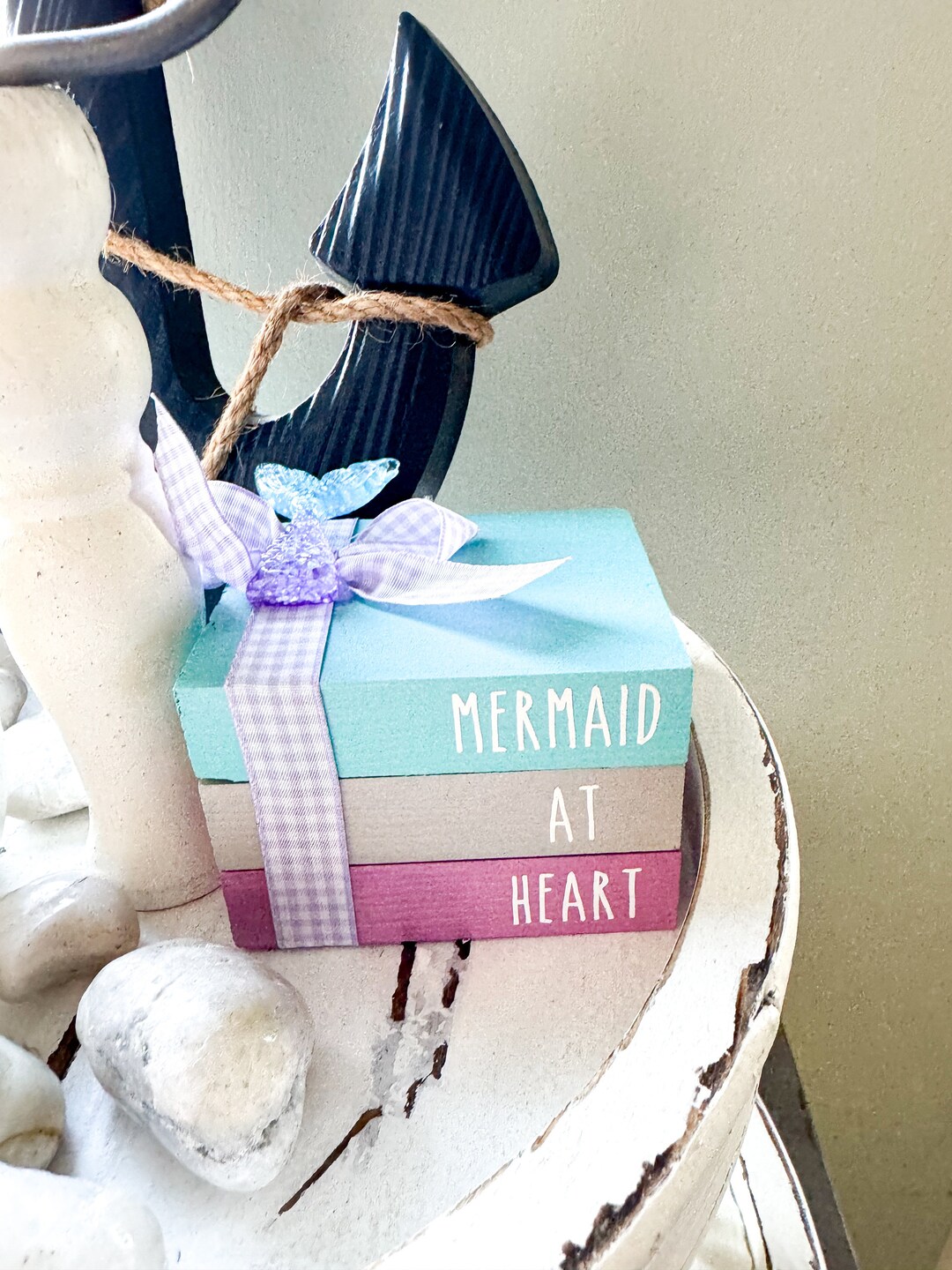 Mermaid Themed Mini Books, Summer Tiered Tray, Wood Book Stack, Beach ...