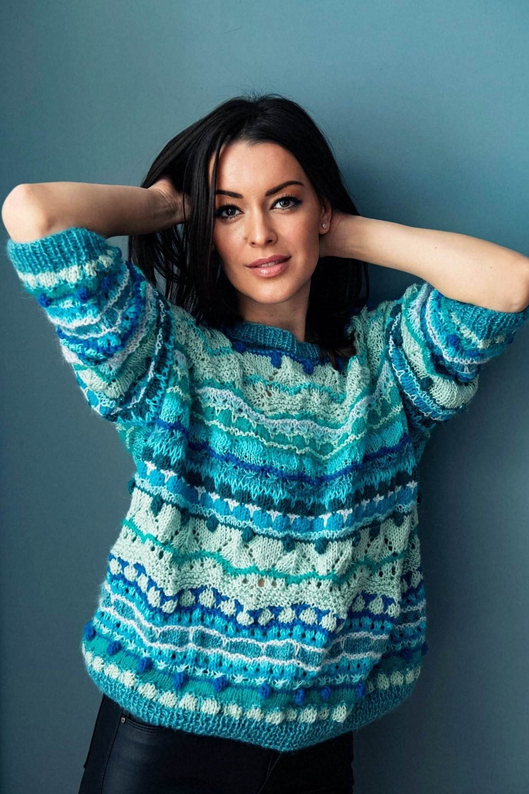 Turquoise Sweater Loose Sweater Multicolor Sweater Patterned Sweater ...