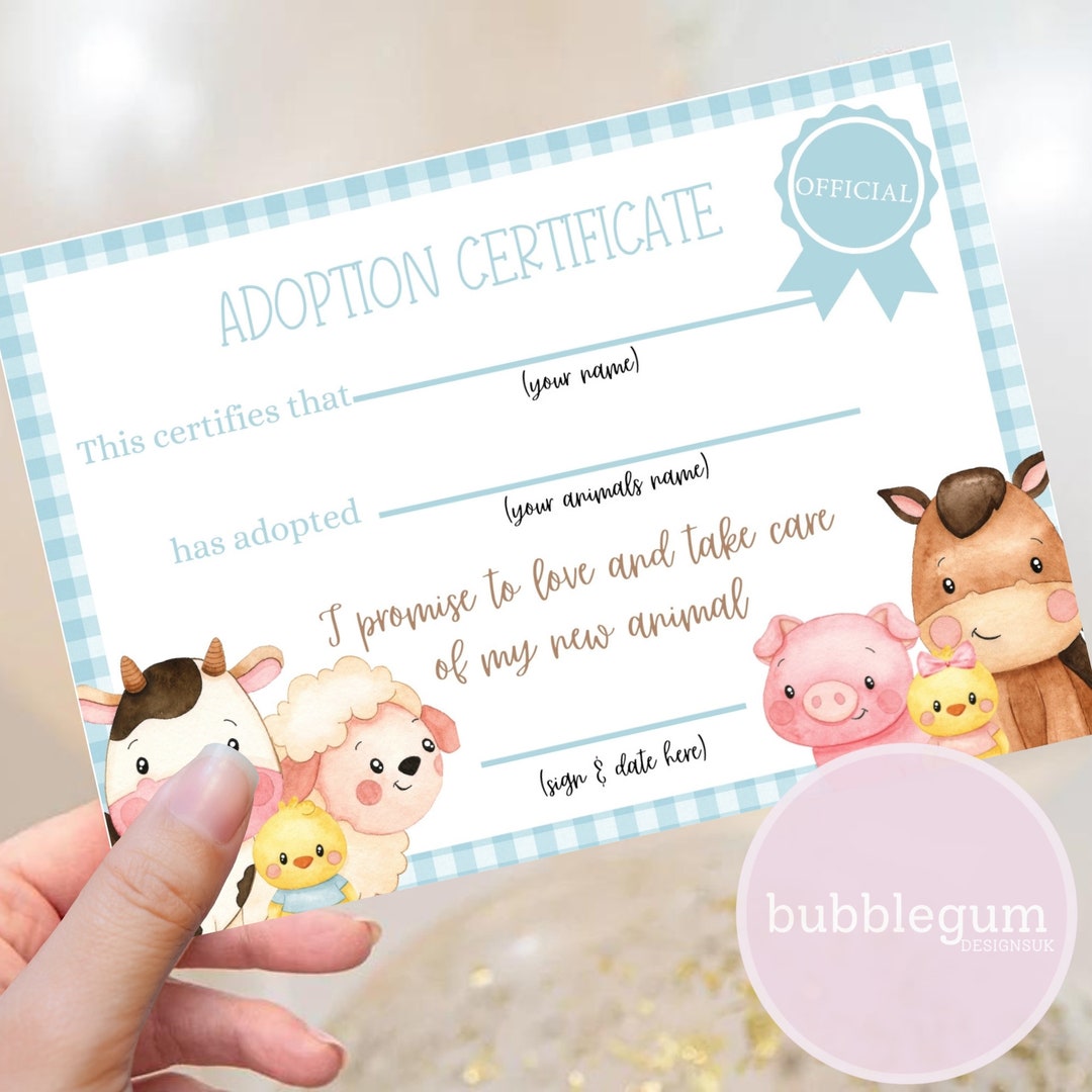 Adopt A Farm Animal Adoption Certificate, Blue Farm Party Favour, Girls ...