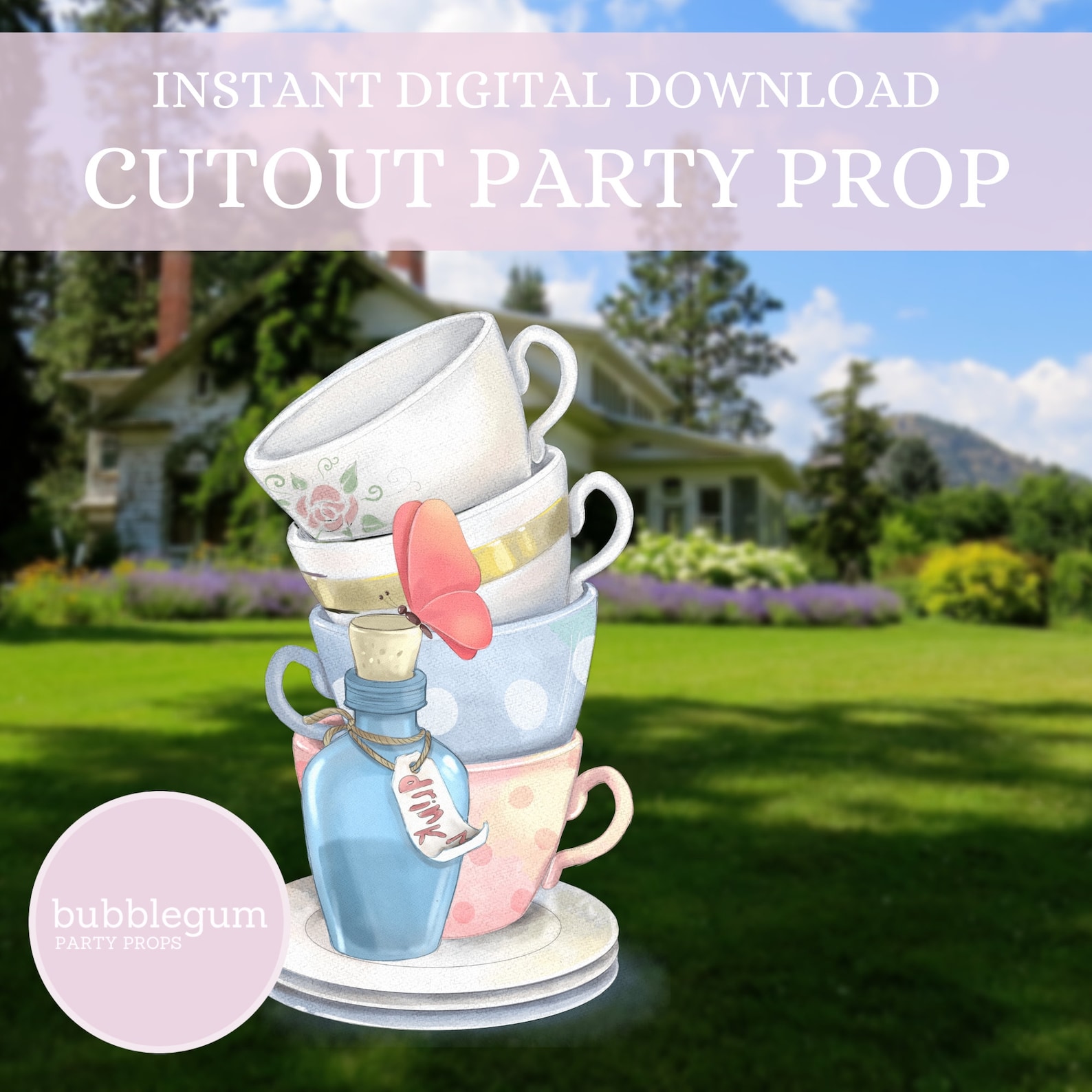 Alice in Wonderland Big Cutout Tea Party Prop, Tea Cup Stack Prop, Alice in Onederland Printable ...
