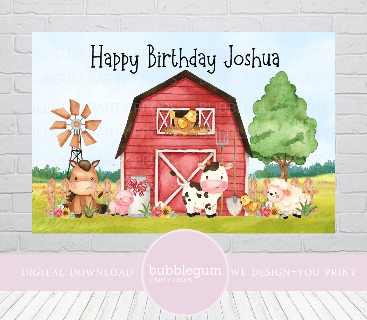 60 X 40 Red Barn Farm Scene Birthday Backdrop, Farm Animal Personalised ...