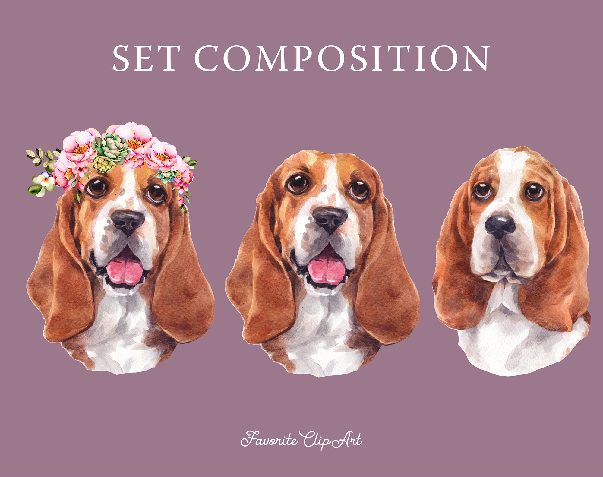 Basset Hound Dog Watercolor Portraits, Boy and Girl. Cute Pets Portrait ...
