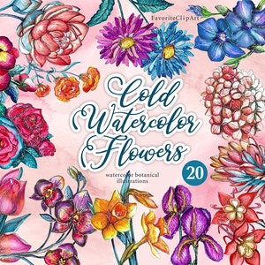 Collection of Watercolor Flowers in COLD Colors. Peony, Hydrangea, Rose ...