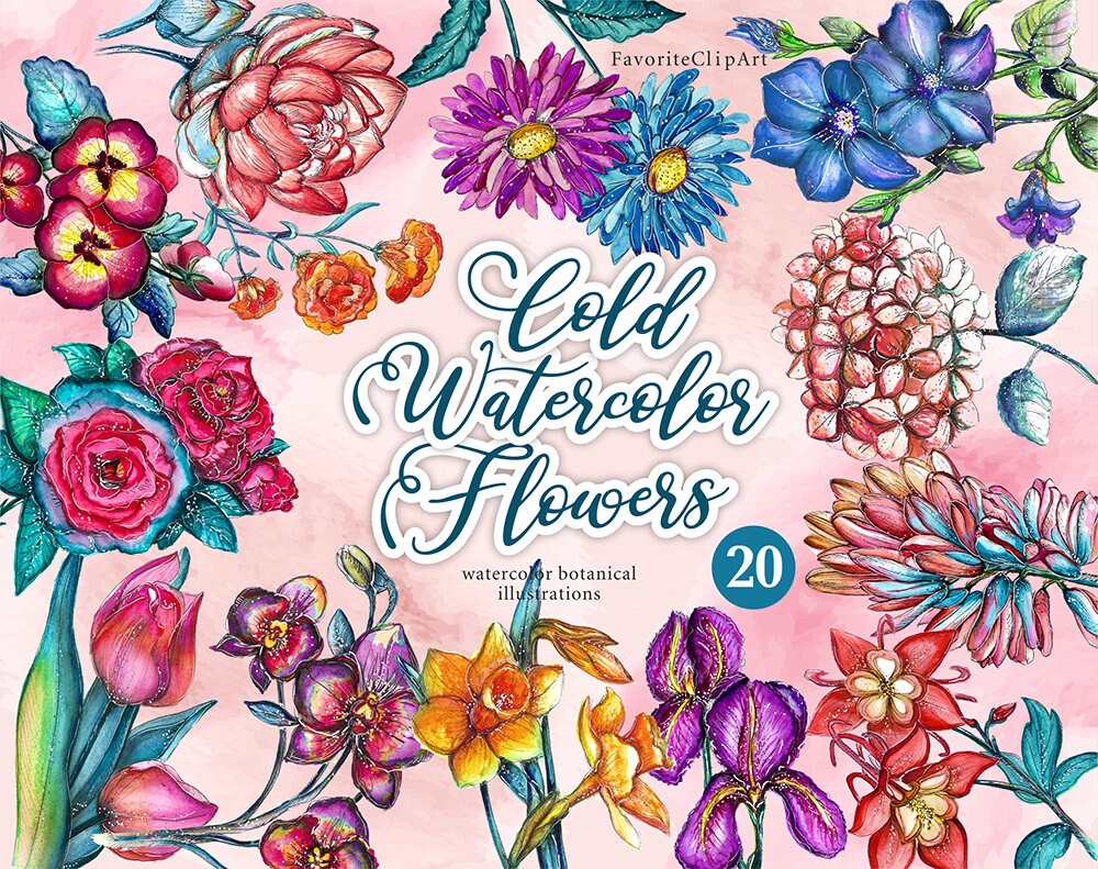 Collection of Watercolor Flowers in COLD Colors. Peony, Hydrangea, Rose ...