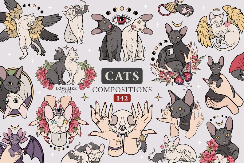 142 Cat Compositions Bundle Svg Cliparts. Cats Tattoo Sketch. - Etsy