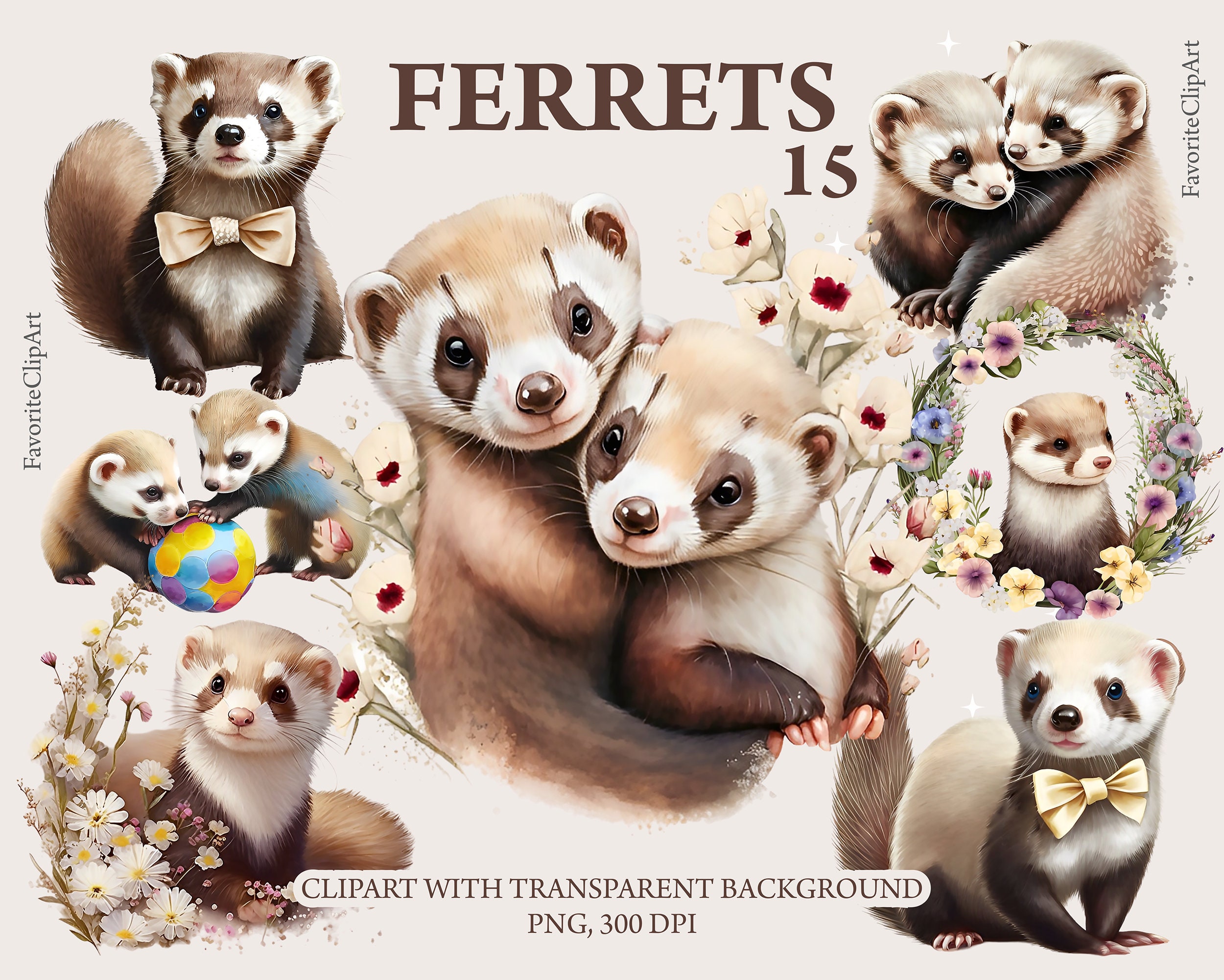 Ferrets Watercolor Clipart, Ferrets With Flowers, Ferrets Cute Animals, Ferrets Play, Ferrets in ...