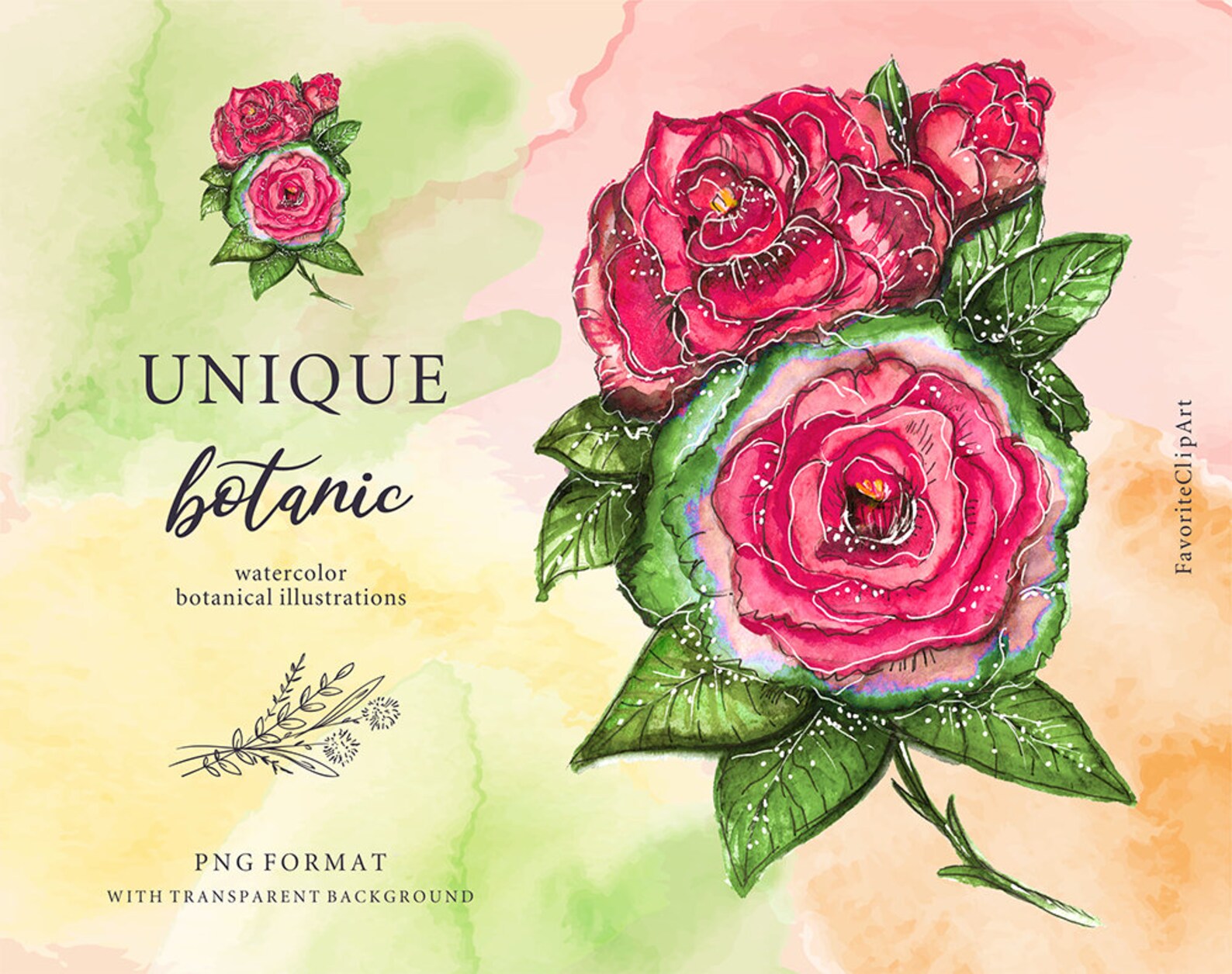 Collection of Watercolor Flowers in WARM Colors. Peony, Hydrangea, Rose ...