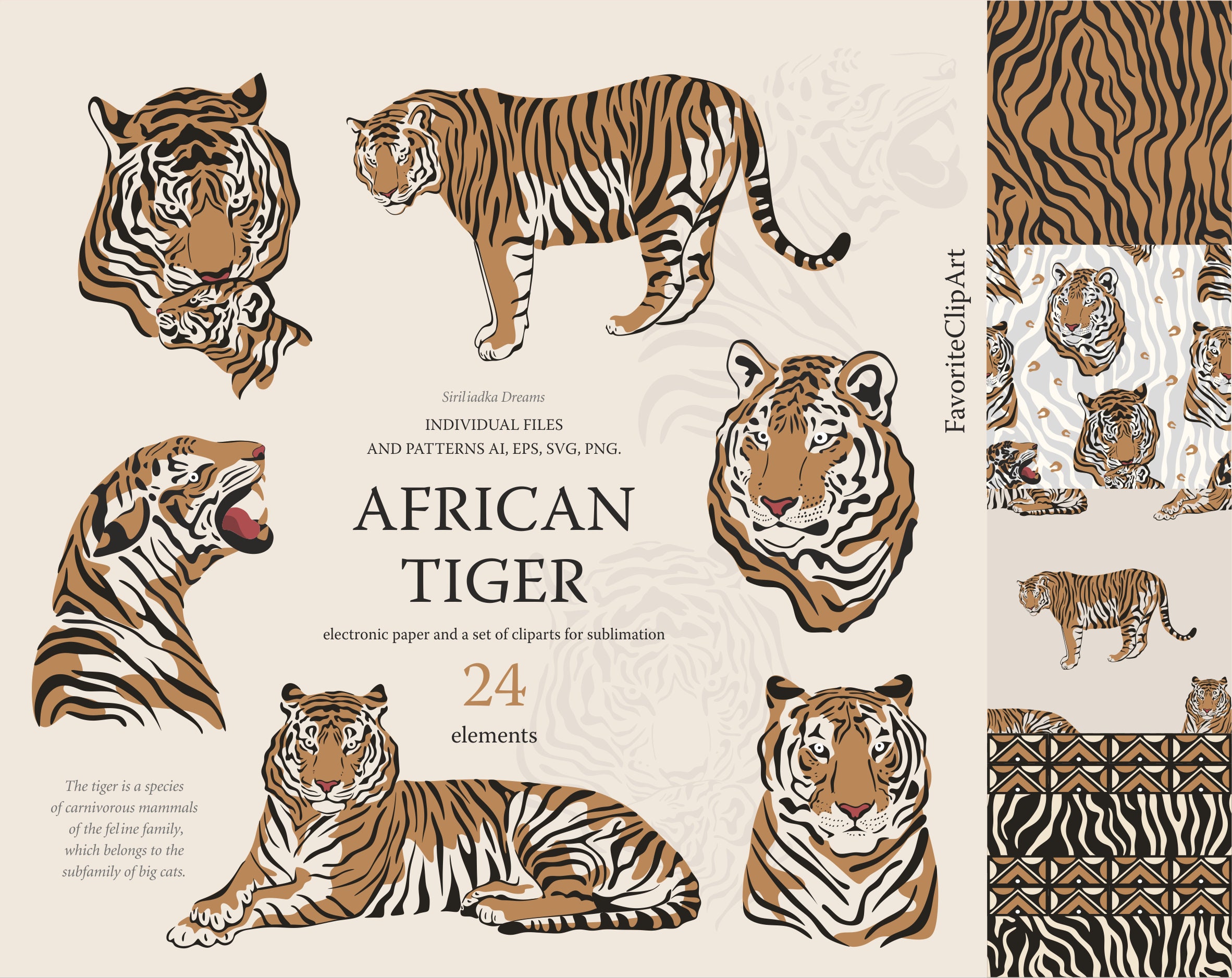 African Tiger Clipart. Tiger Spots Seamless Pattern.striped Cat Clipart ...