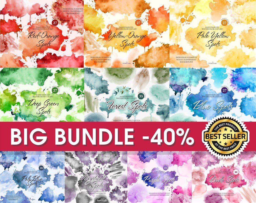 Big Bundle of 300 Watercolor Spots Clipart Hand Painted Stains/splashes ...
